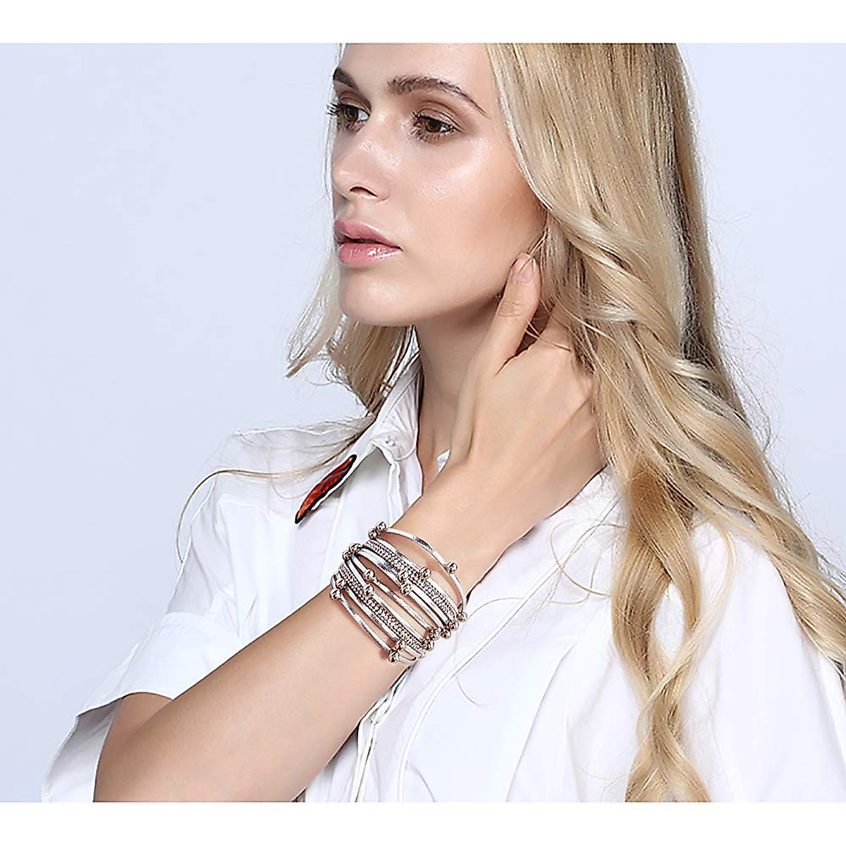 Suyi Women Wrap Bracelet Multilayered Leather Braided Bangle Wrist Cuff Bangles with Magnetic Buckle Silver1