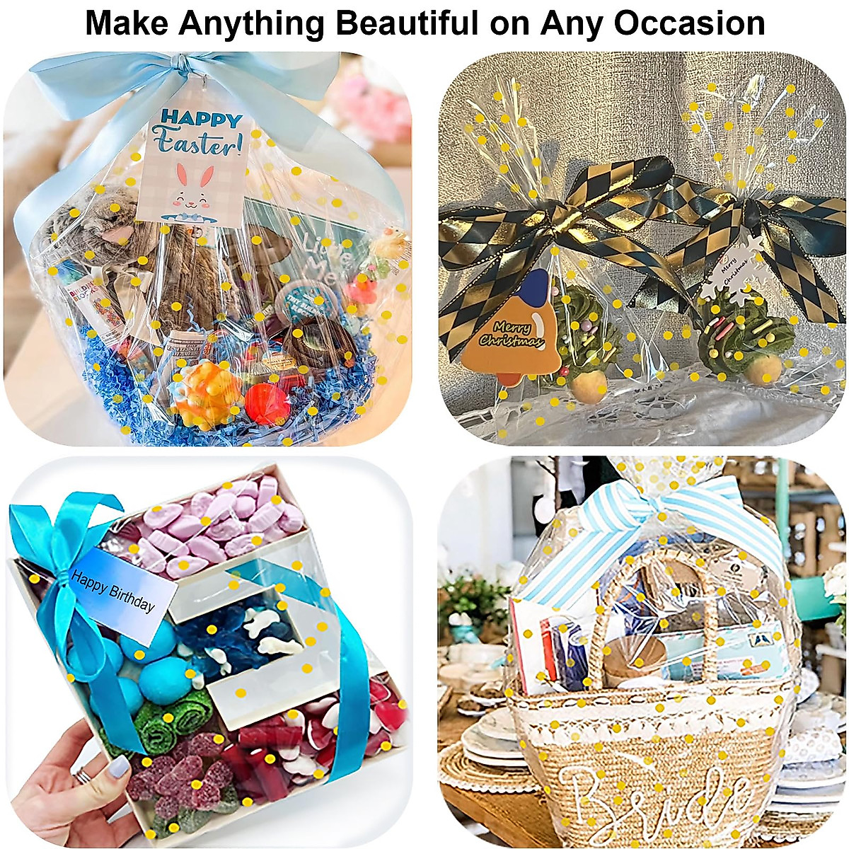 SYOGUA 100ft X 34in Extra Wide Clear Cellophane Wrap with Gold Polka Dots, Transparent Thicker Clear Cellophane Wrapping Paper, Clear Gift Wrap Cellophane Roll for Baskets, Treats, Holiday, Christmas Gifts