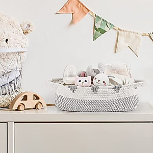 Luxspire Boho Storage Basket, Toilet Paper Basket, Handmade Cotton Rope Woven Basket Toilet Paper Storage Bins Small Organizer with Handle for Bedroom Nursery Bathroom, 13.4" x 6", White + Gray