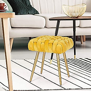 Decent Home Velvet Ottoman Footrest Stool,Tufted Fabric Upholstery Side Table Seat, Vanity Dressing Bench ,Knit Lines Chair with Metal Legs for Living Room, Bedroom (Yellow)