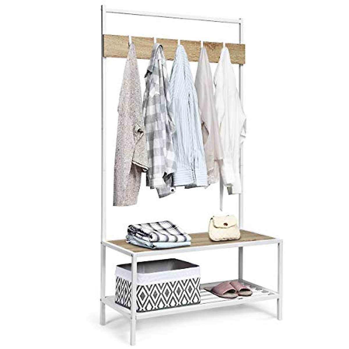 Tangkula Hall Tree with Bench and Shoe Storage, 3-In-1 Industrial Entryway Bench with Coat Rack, Wood Look Coat Rack Shoes Bench Storage Organizer for Home & Office, Coats/Hats/Shoes (Coffee)