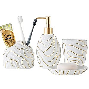 Ethlomoer Bathroom Accessory Set, 4 Pieces White&Gold Bathroom Accessories with Soap Dispenser and Toothbrush Holder Set, Boho Bathroom Accessories, Gift for Women and Men