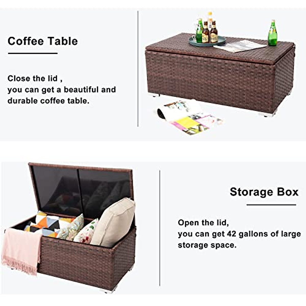 DIMAR GARDEN Outdoor Storage Coffee Table with Waterproof Cover,Patio Wicker Storage Table,42 Gallon Mixed Brown