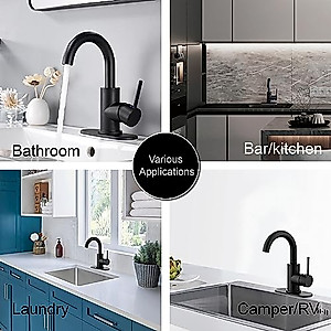 RKF Single-Handle Bathroom Sink Faucet, Swivel Spout, with Pop-up Drain with Overflow and Supply Hose,Bar Sink Faucet,Small Kitchen Faucet Tap,Matte Black,BF3501P-MB