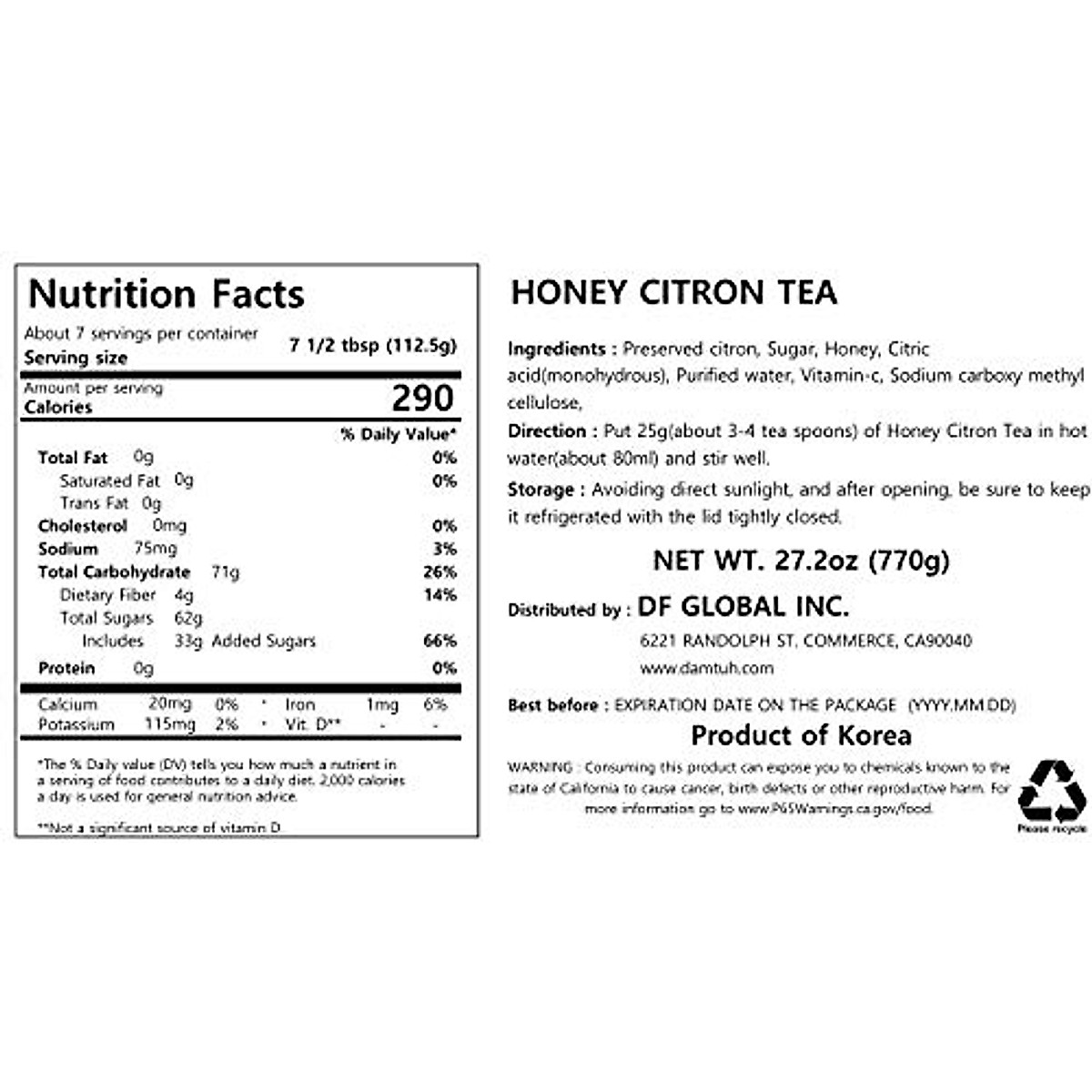 Damtuh Korean Honey Citron Tea, Citron Tea with Honey, Yuzu Marmalade, Yuzu Sauce for Salad, Citron Spread, Honey Citron Jam, 27.16 Oz 700g