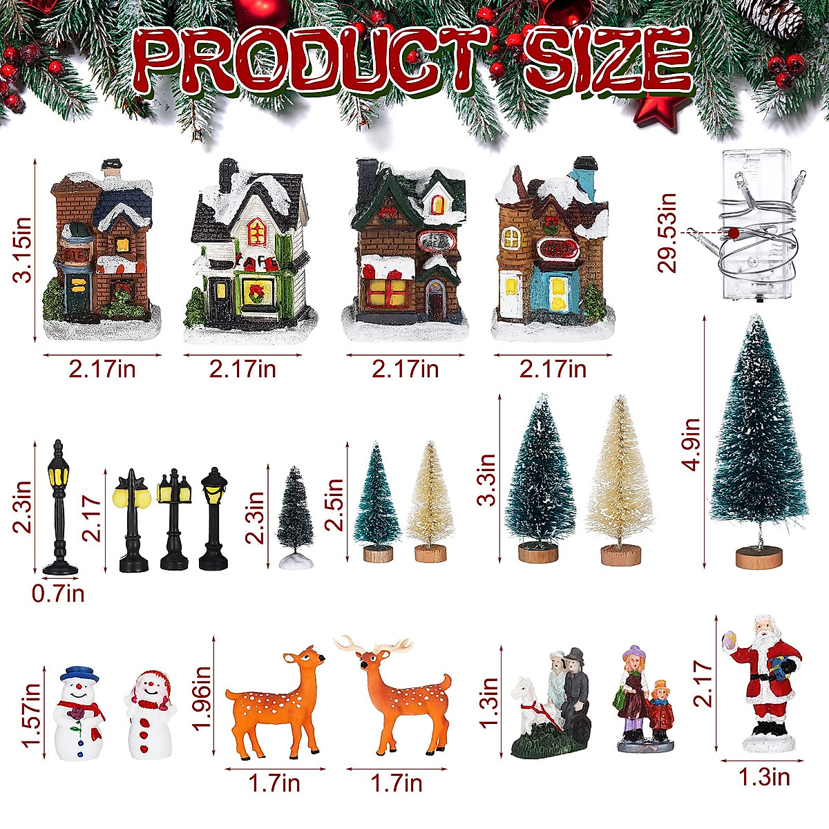 31 Pcs Christmas Village Figurines Decoration Set Lighted LED Christmas Village Houses with Figurines and Snow Blanket Roll for Christmas Town Scene Desktop Ornaments Battery Operated Landscape Decor