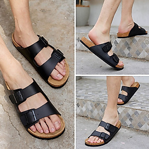 KLUKGE Mens Cork Sandals,Adjustable Buckle Leather Non-Slip Slippers Women's Flat Slide Cork Footbed Sandals Unisex Shoes, Arch Support(Black US 12)