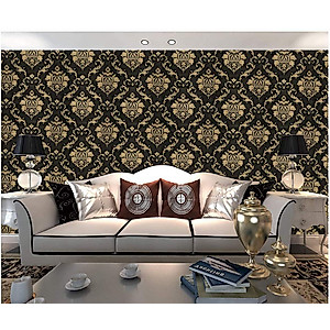 LIFAVOVY Upgrade Thickening Contact Paper Black Gold Damask Wall Paper 17.7 Inch x 32.8 FT Self Adhesive Peel and Stick Wallpaper for Kitchen Countertop Cabinet Furniture Bedroom Decor