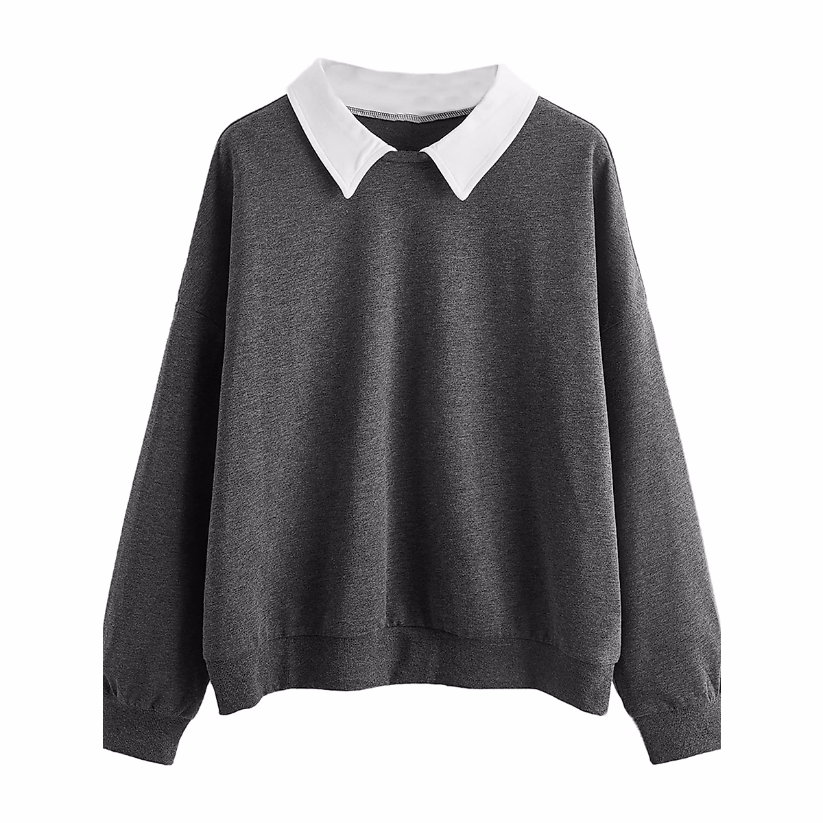 SweatyRocks Women's Contrast Collar Drop Shoulder Casual Long Sleeve Pullover Sweatshirt Tops Grey XL