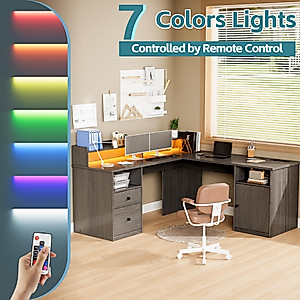 MU L Shaped Desk with LED Lights & Power Outlets, 60" Corner Computer Desk with File Drawers & Monitor Stand, Wood Home Office Desk with Storage Cabinet, Grey
