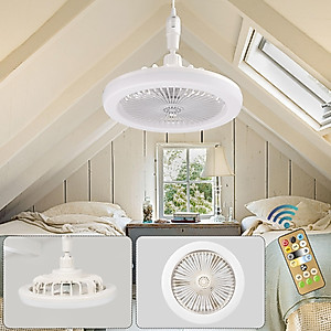 Enclosed Ceiling Fan with Light - Small 10-inch Bladeless Socket Fans with Remote Control, Dimmable LED Lights 3 Gear Wind Speeds for Garage Tool Room/Store Room/Kitchen/Bathroom