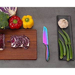 WELLSTAR Santoku Knife 5 Inch, Super Sharp German Steel Kitchen Cooking Knife with Comfortable Handle and Rainbow Coating for Slicing Dicing and Mincing of Meat Vegetables and Fruits for Small Hand