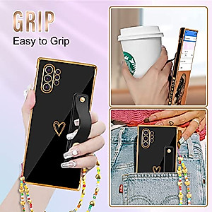 Likiyami (3in1 for Samsung Galaxy Note 10 Plus Case Heart Women Girls Cute Girly Aesthetic Trendy Luxury Pretty with Loop Phone Cases Black and Gold Plating Love Hearts Cover+Screen+Chain -6.8 inch