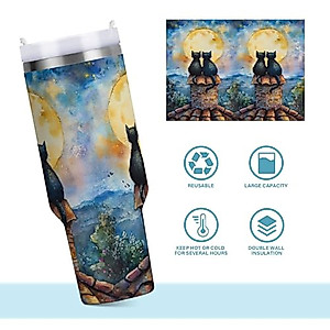 ODAWA Romantic Cats Moon Blue Travel Coffee Tumbler 40 Oz Drinking Cups with Lid and Straw
