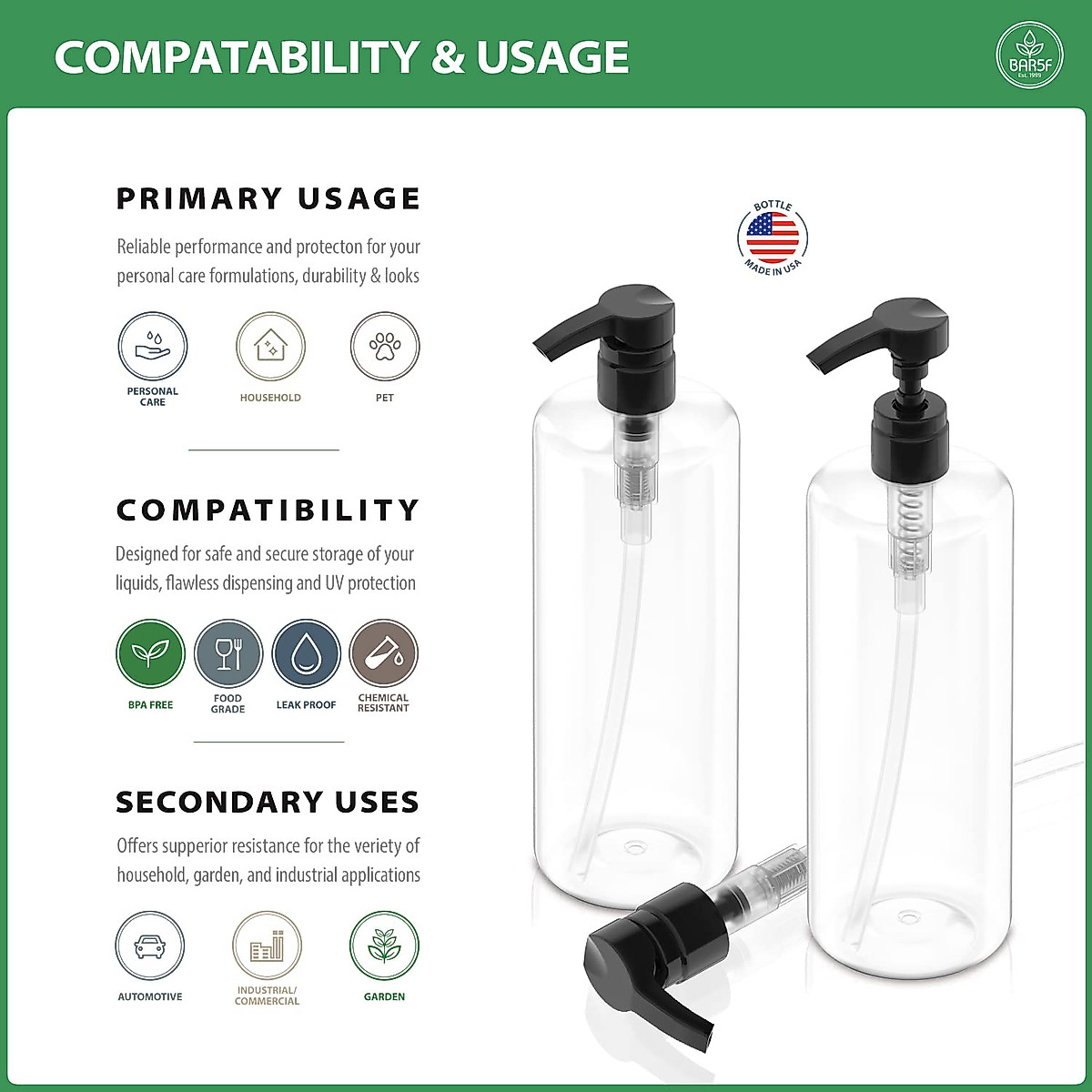 Empty Shampoo Pump Bottles, 32oz(1Liter), BPA-FREE, Plastic (PETE1) Cylinder, Pack of 3