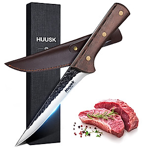 Huusk Japan Knife, Boning Knife for Meat Cutting 5.5 Inch, Japanese Brisket Trimming Knife, Hand Forged Deboning Knife with Sheath Sharp Fish Fillet Knives for Meat, Fish, Poultry