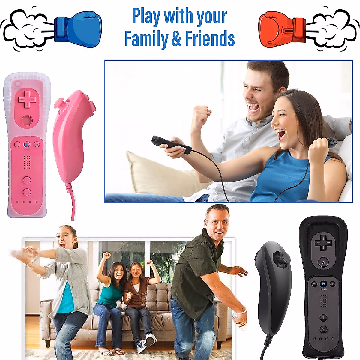 JTao-tec Wii Controller, 2 Packs Wii Controller and Wii Nunchuck for Wii and Wii U Console, with Silicone Case and Wrist Strap (Black + pink)