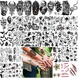 52 Sheets Black Temporary Tattoos for Kids Men and Women, Include 10 Sheets Large Half Arm Sleeve Fake Tattoos, 200+ PCS Spider Scorpion Snake Tiger Lion Skull Bat Vampire Scar Fake Tattoo Sticker
