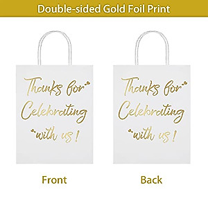 Cooraby 24 Pack White Kraft Paper Bags with Handles Thanks for Celebrating with Us Bags Party Favor Bags Medium Gift Bags Party Favor Bags with Tissue Papers for Birthday, Wedding, Baby Shower