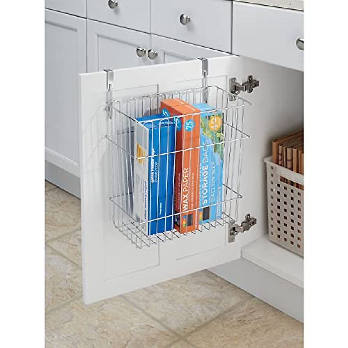 mDesign Steel Metal Wire Hanging Over Door Kitchen Storage Organizer Basket/Trash Can - Hangs Over Cabinet Doors for Bags, Tin Foil, Wax Paper, Saran Wrap - Concerto Collection - 2 Pack - Chrome
