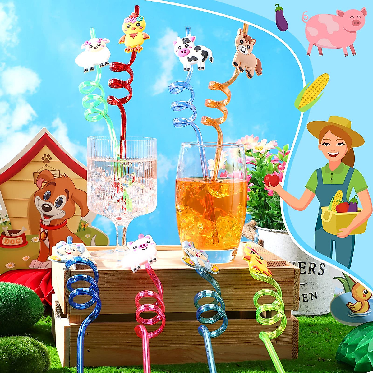 40 Pieces Farm Animals Straws Goodie Gifts, 6 Sheets Farm Animals Tattoos Sticker 32 Pcs Plastic Reusable Farm Animals Drinking Straws with 2 Cleaning Brushes for Kids Birthday Farm Party Supplies