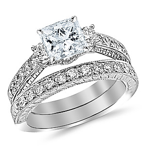 1.7 Carat GIA Certified Princess Cut Three Stone Vintage With Milgrain & Filigree Bridal Set with Wedding Band & Diamond Engagement Ring (E Color, VS1 Clarity)
