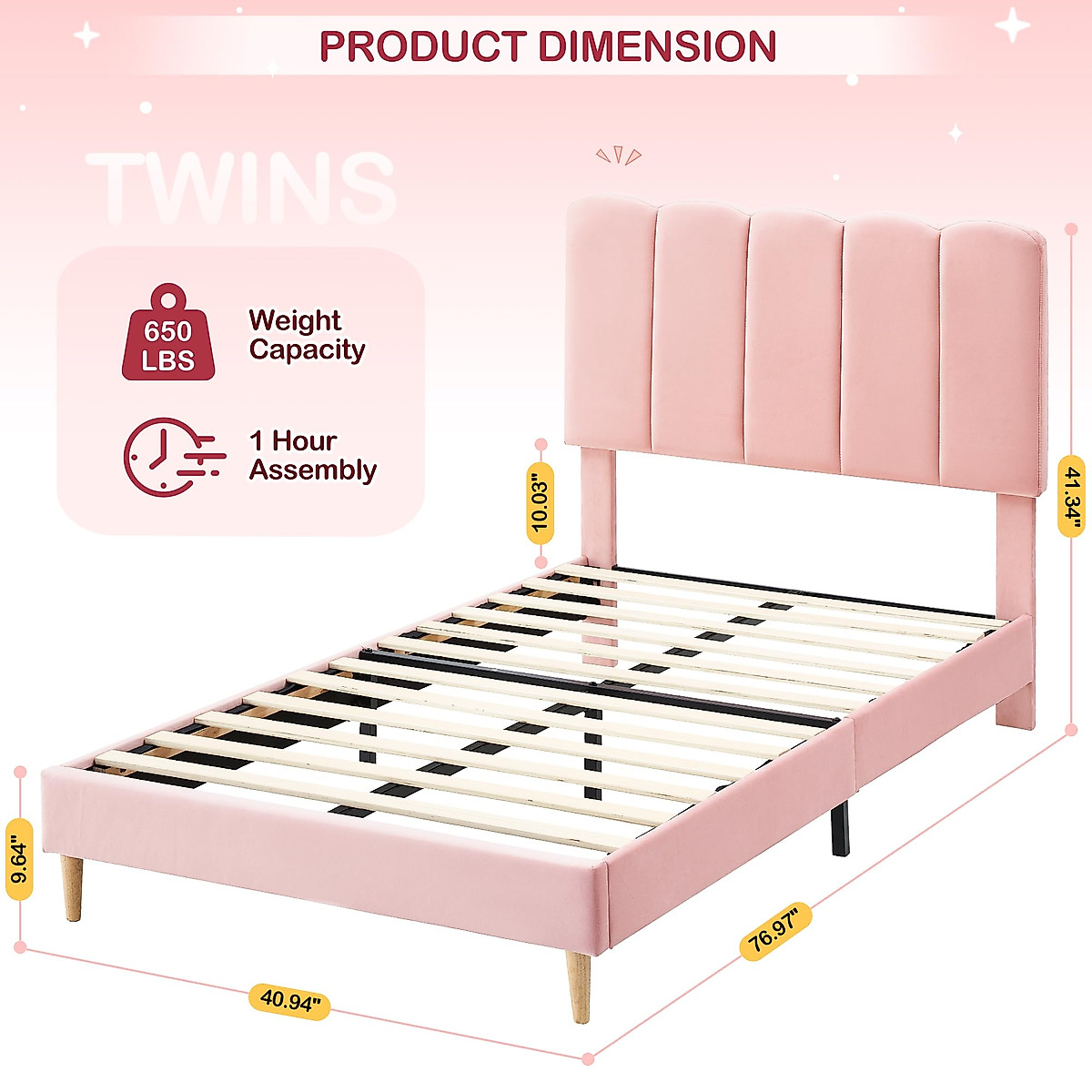 GAOMON Pink Twin Bed Frame, Velvet Upholstered Platform Bed Frame with Headboard, Strong Wooden Slats, Noise-Free,No Box Spring Needed, Easy Assembly (Pink)