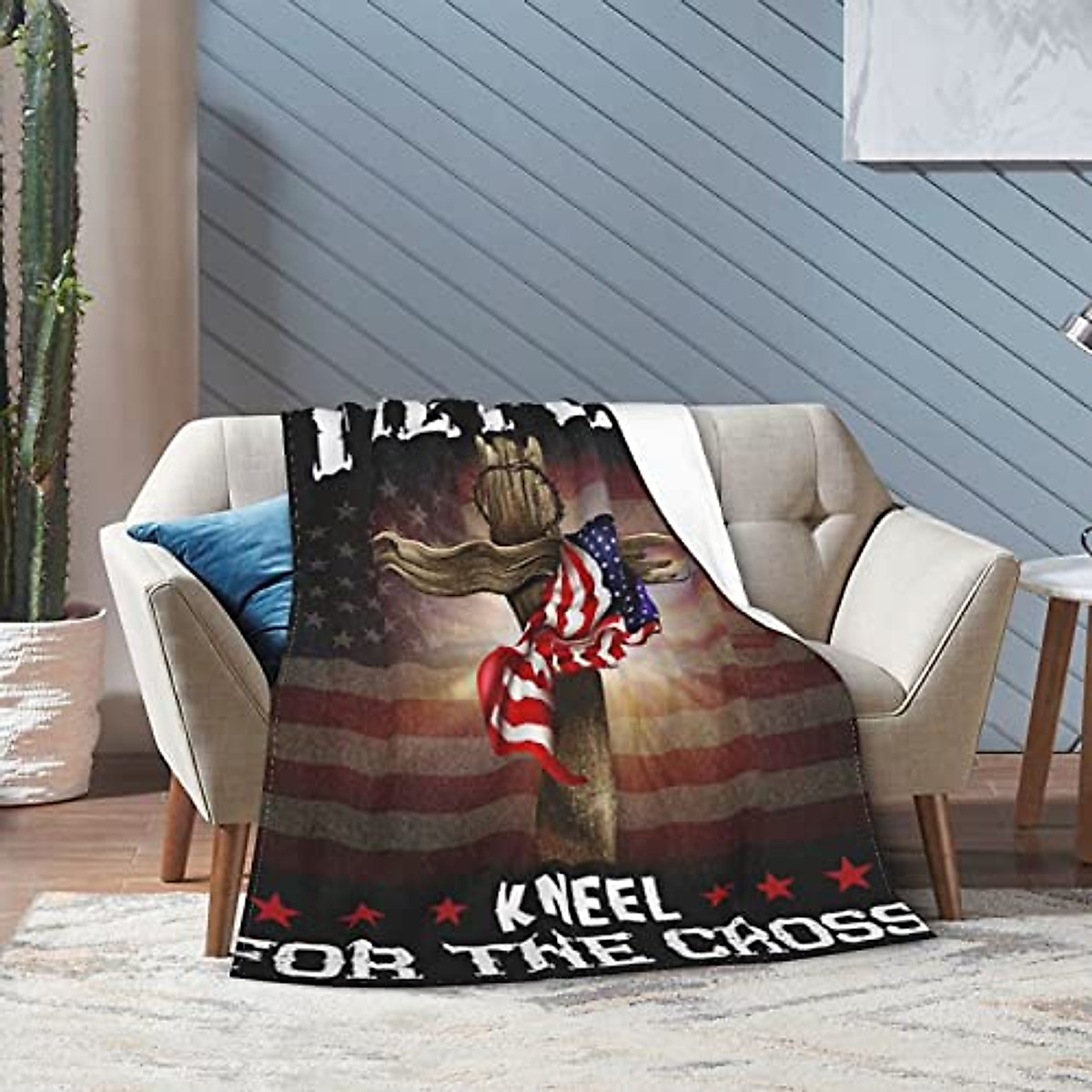 Gaotaju Flannel Fleece Blanket 80"X60" ，Stand for The Flag Kneel for The Cross Bed Throw Blanket Quality Ultra-Soft Travel Winter Blankets for Adult Keep Warm