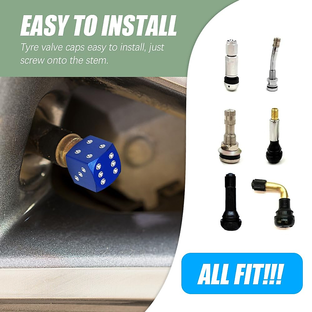 Car Tire Valve Stem Caps, Universal Dice Valve Stem Caps for Cars, SUVs, Bike, Trucks and Motorcycles, Tire Caps 5 Pack (Blue)