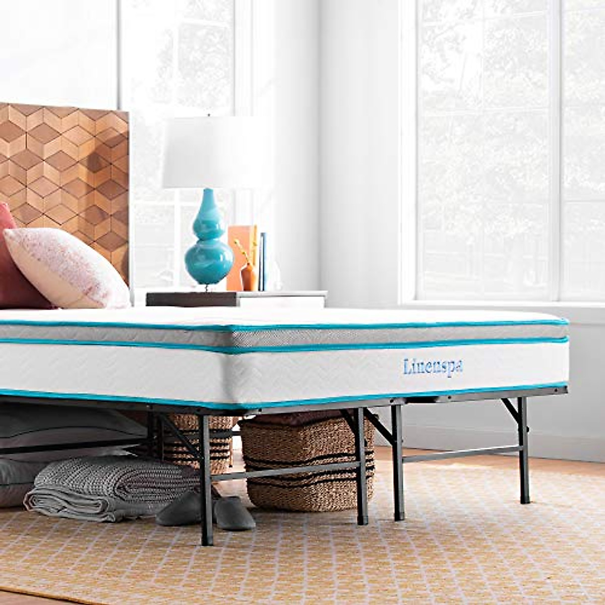 Linenspa 10” Memory Foam and Innerspring Hybrid Mattress + 14” Black Metal Platform Bed – Twin XL Mattress + Metal Folding Twin XL Bedframe