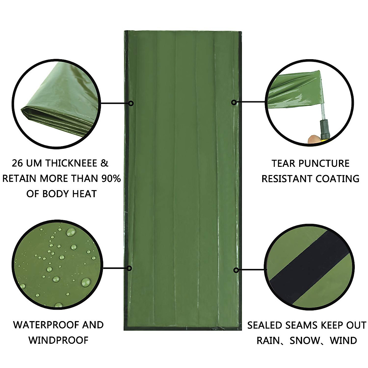 Delmera Emergency Sleeping Bag, Lightweight Survival Sleeping Bags Waterproof Thermal Emergency Blanket, Bivy Sack Survival Gear for Outdoor Adventure, Camping, Hiking, Green (Green- one Pack)