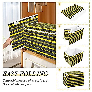 CaTaKu Yellow Stripes Lines Storage Bins with Lids and Handles, Fabric Large Storage Container Cube Basket with Lid Decorative Storage Boxes for Organizing Clothes