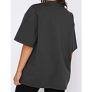 Meladyan Women Leisure Letter Graphic Print Half Sleeve Oversized Tee Shirt Top Crewneck Summer Loose Casual Tshirt Tops Grey