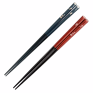 Japanese Natural Lacquered Wooden Chopsticks - Set of 2 Pairs - with Gift Box - Handmade - Cherry Blossom Motif - Blue 9.25 in and Red 8.46 in