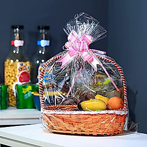 UltraOutlet 50 Packs Large Cellophane Bags 18" x 24" Clear Cellophane Gift Basket Wraps 2.3 Mil Thick Clear Cello Bags for Fruit Basket, Gift Wrap, Treats, Arts and Crafts, 50ct Ribbon Bows