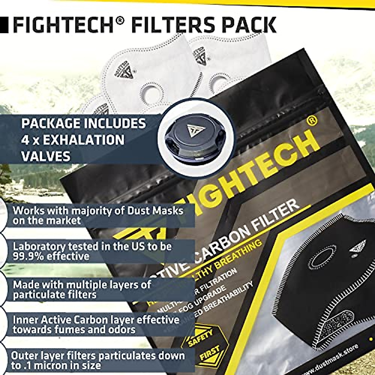 Dust Mask Filter Replacements Package | 10 FIGHTECH Authentic Carbon Filters for Dust Mask and 4 Discharge Valves | Air Filters with Safety Goggles Fogging Up Protection (14 Pieces Set, 14, Count)