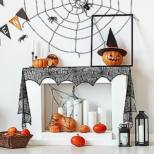 Amaxiu Halloween Fireplace Mantle Scarf, Spiderweb Mantel Decor Black Lace Fireplace Mantle Cover 18 x 96 in Festive Halloween Party Decorations Gothic Indoor Decor