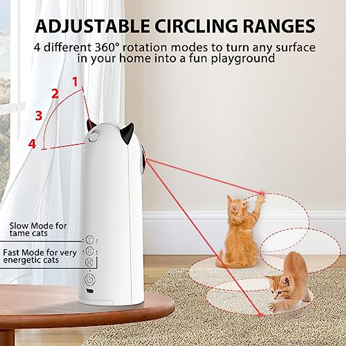 Cat Laser Toy Automatic, lnteractive Cat Toys for Indoor Cats USB/Batteries Power, Automatic Cat Toy with 2 Speed Patterns 3 Modes /4 Angles, Adjustable Circling Ranges and Speed for Cats/Dogs (White)