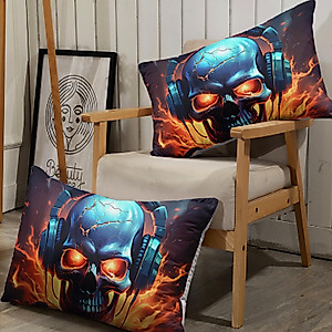 AILONEN 3D Skull Fitted Sheet Set Full Size, Music Headset Skull Bed Sheet Set,3 Pieces Hip Hop Skull Sheet Set for Boys Men,Fire Skeleton Fitted Sheet with 2 Pillowcases