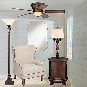 Casa Vieja 52" Ancestry Vintage Antique Indoor Ceiling Fan 5 Blade LED Light Remote Control Golden Bronze Motor Teak Walnut Finish Blades Bedroom Living Room Kitchen Dining Office Hugger Flush Mount