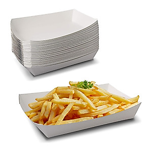 MT Products French Fries Paper Food Tray - 6.9" x 6.6" x 1.2 (50 Pieces) White Shallow Serving Nachos Boats Disposable - Grease Resistant Trays - Made in The USA