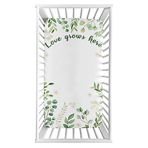 Sweet Jojo Designs Floral Leaf Girl Fitted Crib Sheet Baby or Toddler Bed Nursery Photo Op - Green and White Boho Watercolor Botanical Woodland Tropical Garden Love Grows Here