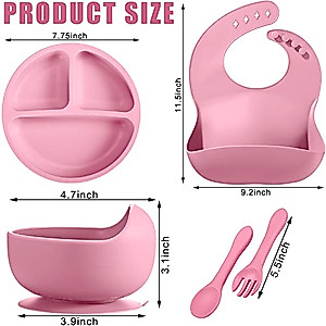 Gejoy 10 Pack Silicone Baby Feeding Set, Toddlers Led Weaning Feeding Supplies with Suction Baby Bowl Divided Plate Adjustable Bib Silicone Spoon Fork, Infant Self Eating Utensil Set (Pink, Purple)