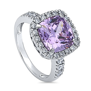 BERRICLE Sterling Silver Halo Purple Cushion Cut Cubic Zirconia CZ Statement Cocktail Fashion Ring for Women, Rhodium Plated Size 9