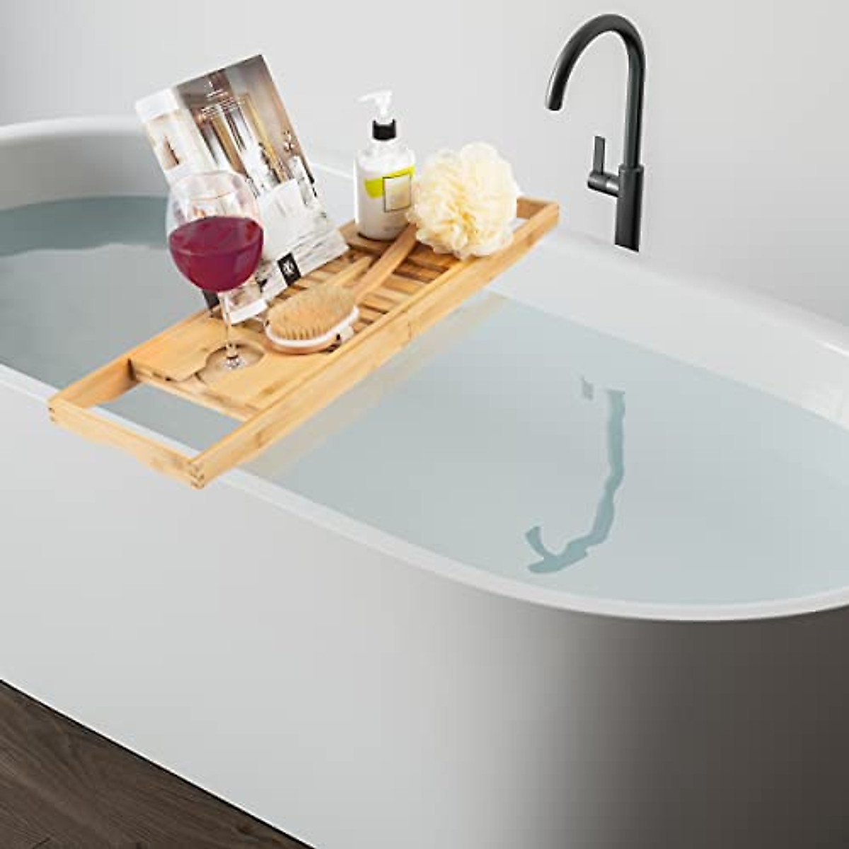 Bamboo Bath Caddy-Natural Wood Bathtub Tray with Extending Sides, Secure Cupholders and Water-Proof Book, Tablet, or Phone Holder by Lavish Home