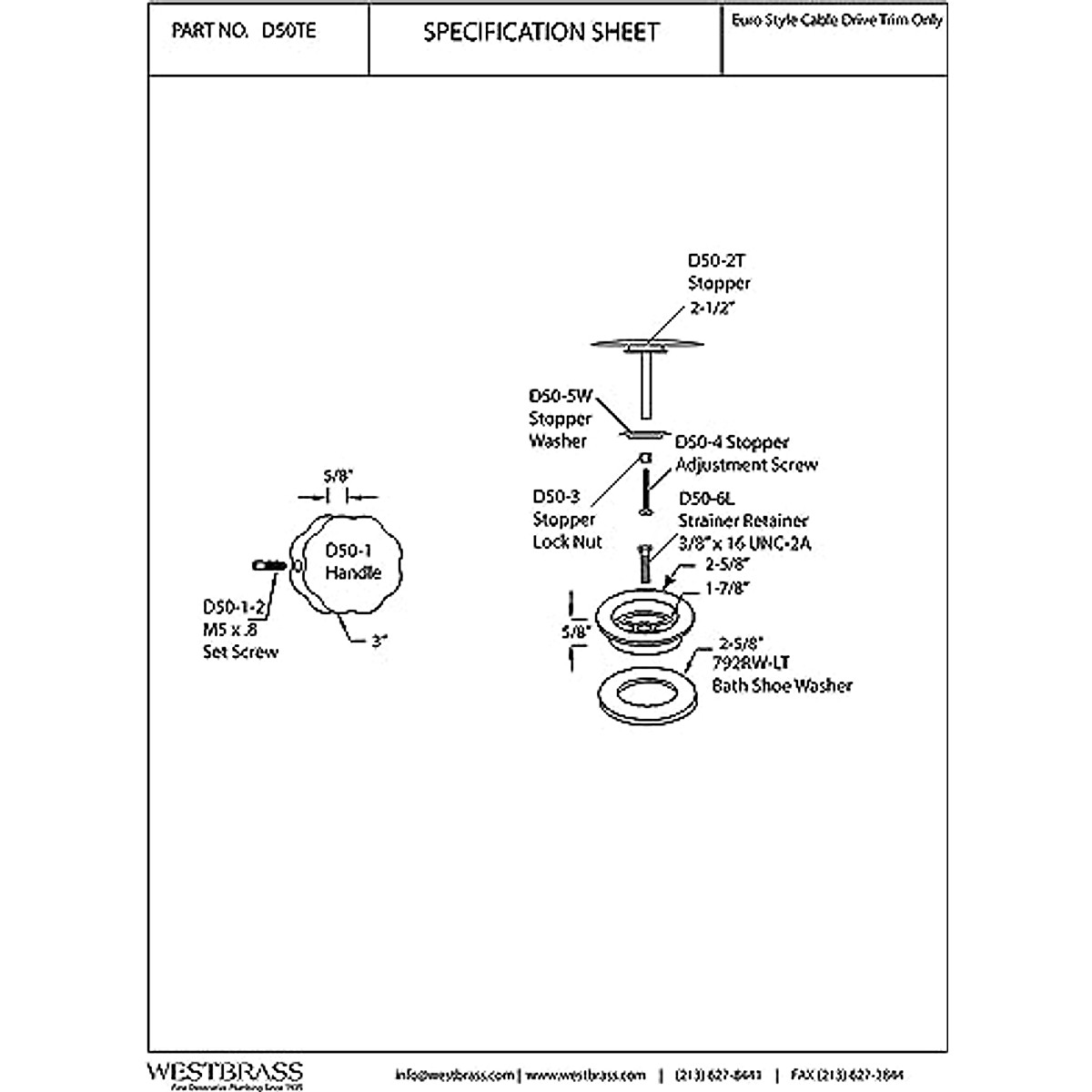 Westbrass European Style Trim for Cable Drive Bath Waste, Polished Chrome, D50TE-26