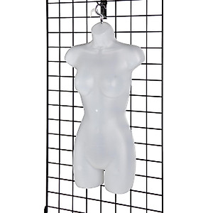 SSWBasics Female Molded Shatterproof Frosted Shapely Torso Form with Hook - Fits Women's Sizes 5-10 - Hanging Fashion Form Mannequin to Display Top and Bottom Merchandise