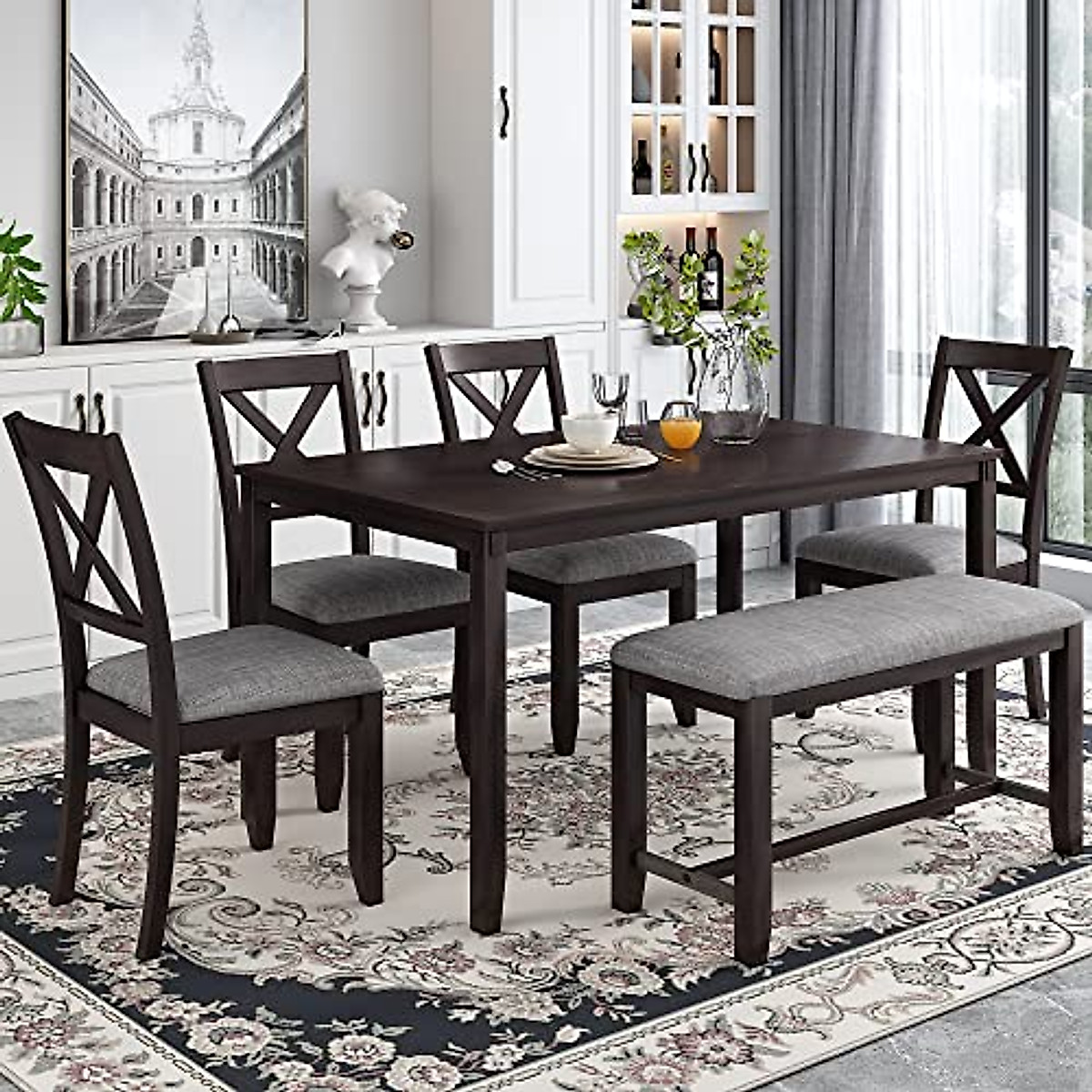 OYN 6-Piece Kitchen Room Sets, Wooden Rectangular Table with 4 Cushion Dining Chairs and Padded Bench,Espresso