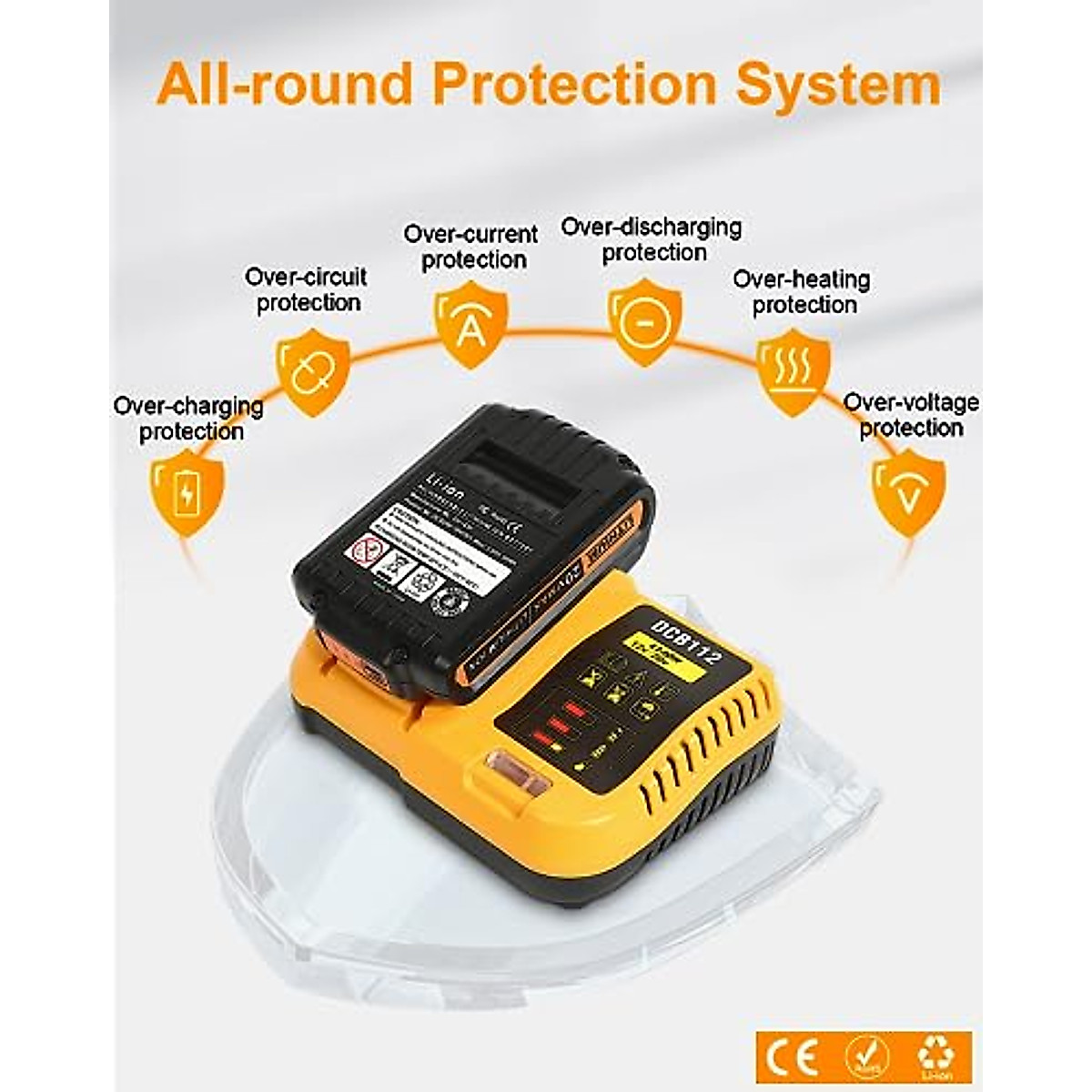 3.0Ah Replacement for Dewalt Battery 20V 2Pack and Charger Compatible with DCB102 DCB104 DCB118 DCB115 DCB205 DCB204(Orange)