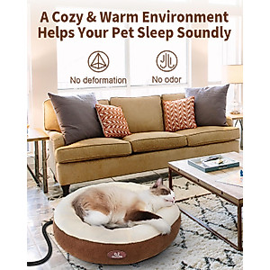 clawsable Heated Cat Bed for Small Medium Size Cats, Super Soft Round Heated Pet Bed with Warming Temperature Cat Bed for Indoor Cats, Electric Cat Heating Bed for Kittens (Beige+Brown)